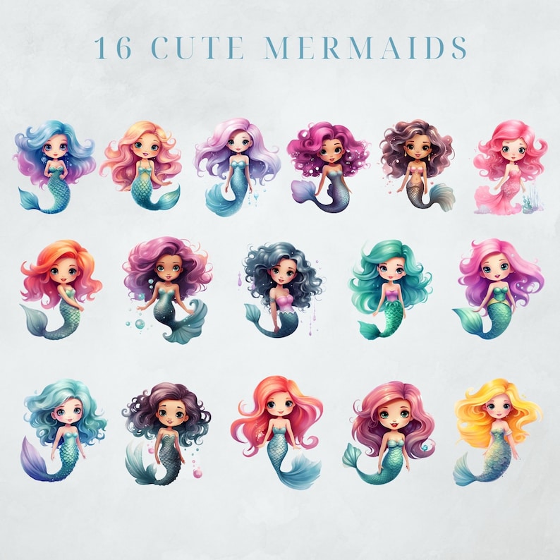 Watercolor Cute Mermaid PNG, Mermaid Clipart Bundle, Under the Sea, Sea ...