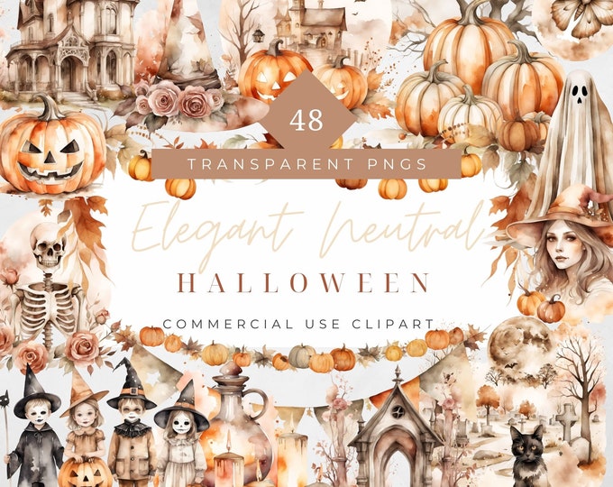 Elegant Halloween Clipart Neutral Sepia Watercolor Ghost Pumpkin ...