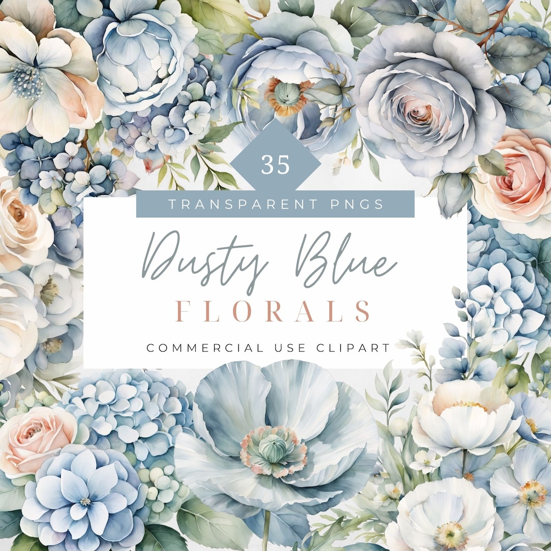 Dusty Blue Floral Clipart Blue Rose Clipart Wedding Invitation Dusty ...