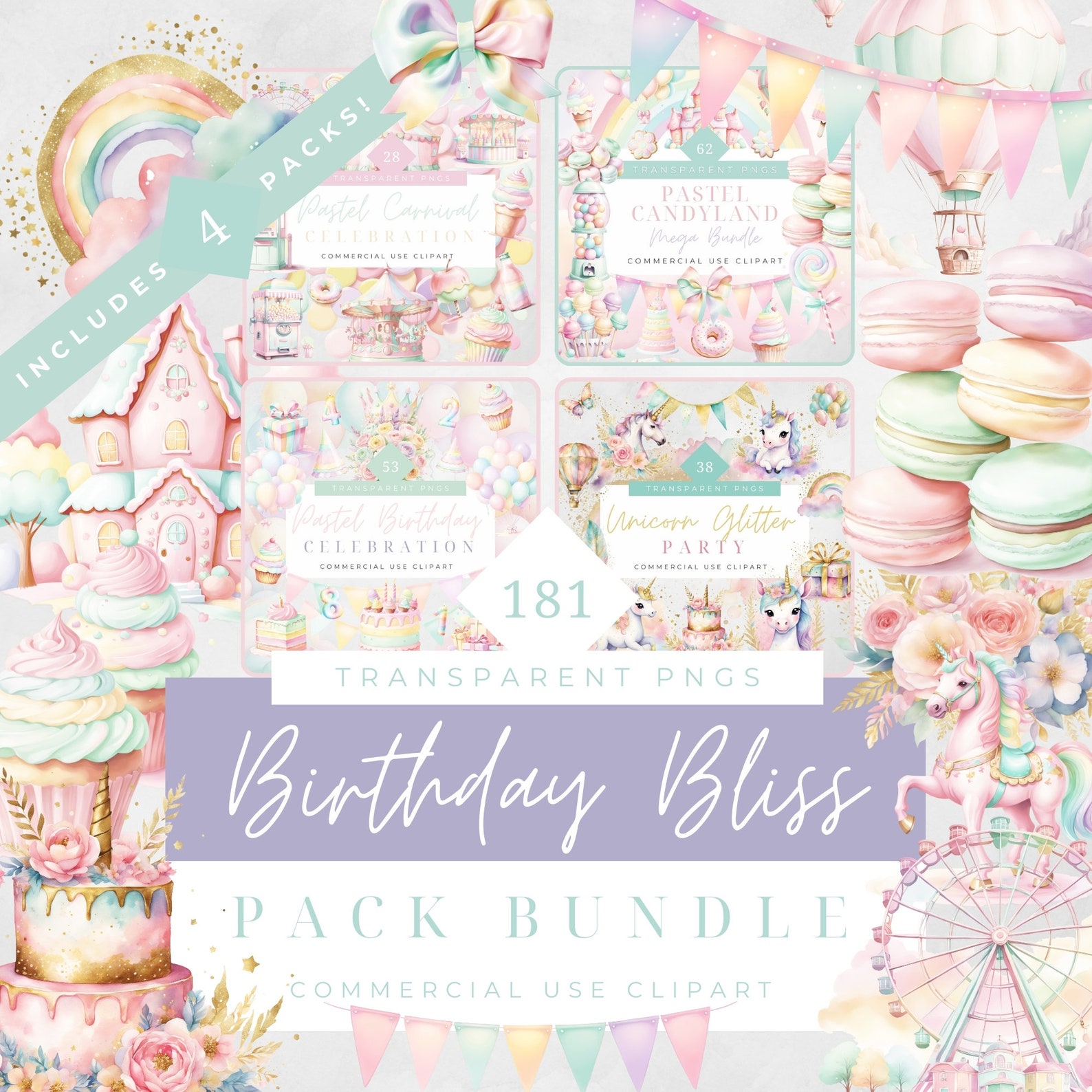 Pastel Birthday Clipart Candyland Carnival Unicorn Glitter Birthday ...