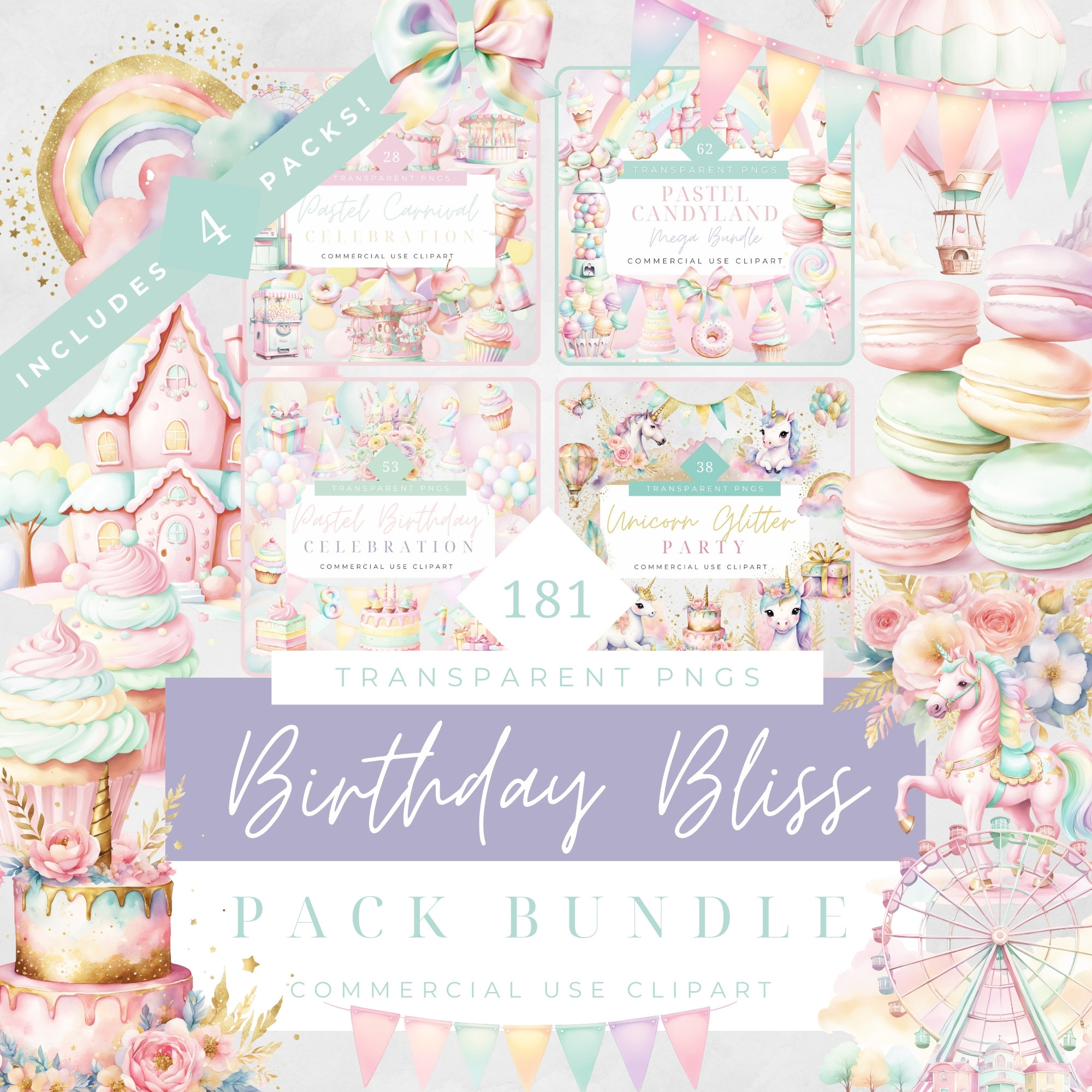 Pastel Birthday Clipart Candyland Carnival Unicorn Glitter Birthday ...