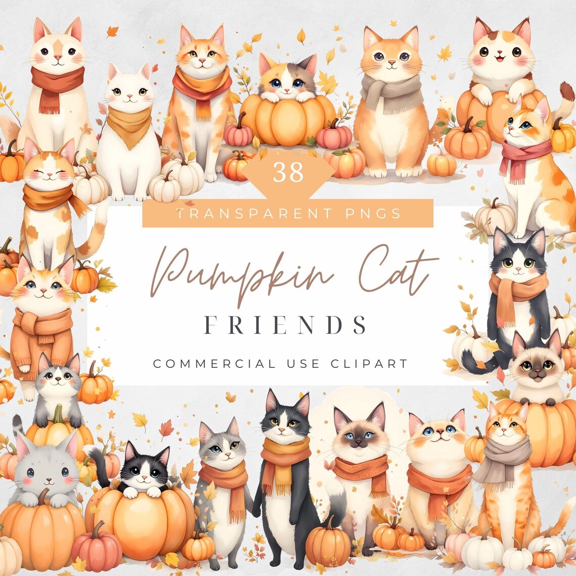 Pumpkin Cat Clipart Cozy Autumn Clipart Watercolor Kitten in Pumpkins ...
