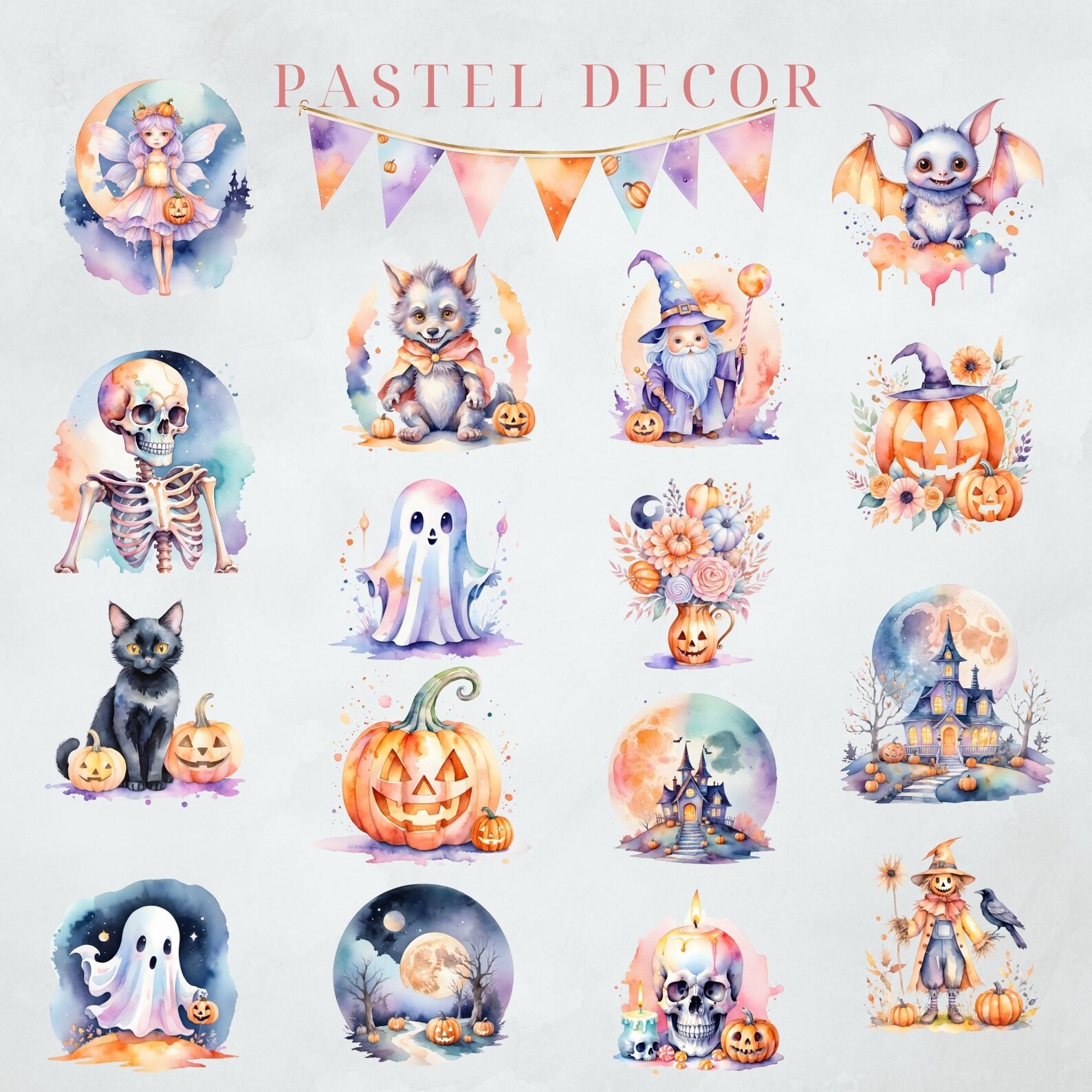 Cute Pastel Halloween Clipart Watercolor Pastel Goth Clipart Jack-o ...