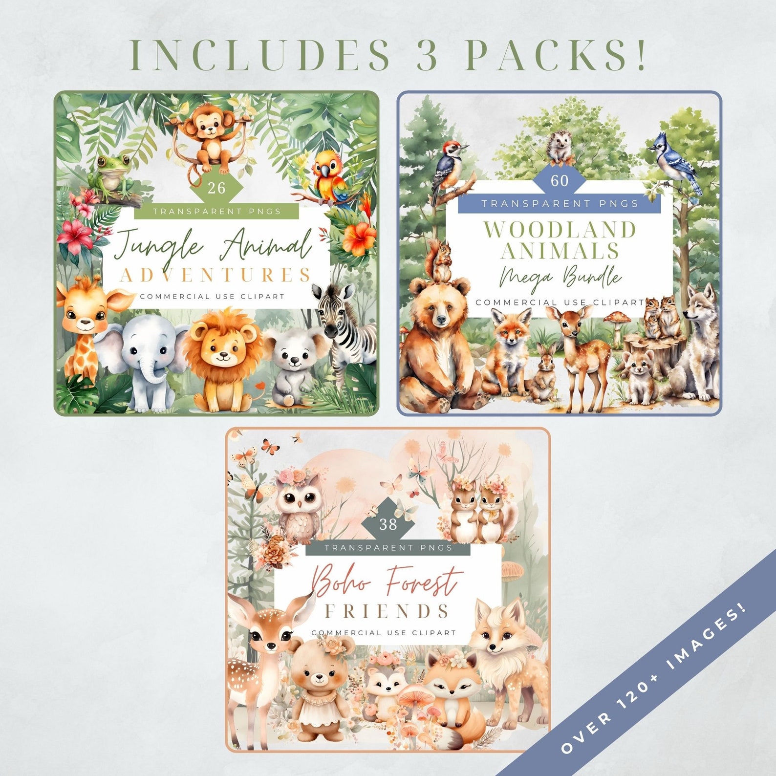 Watercolor Animals Clipart Pack Bundle Woodland Baby Animal Png Cute ...