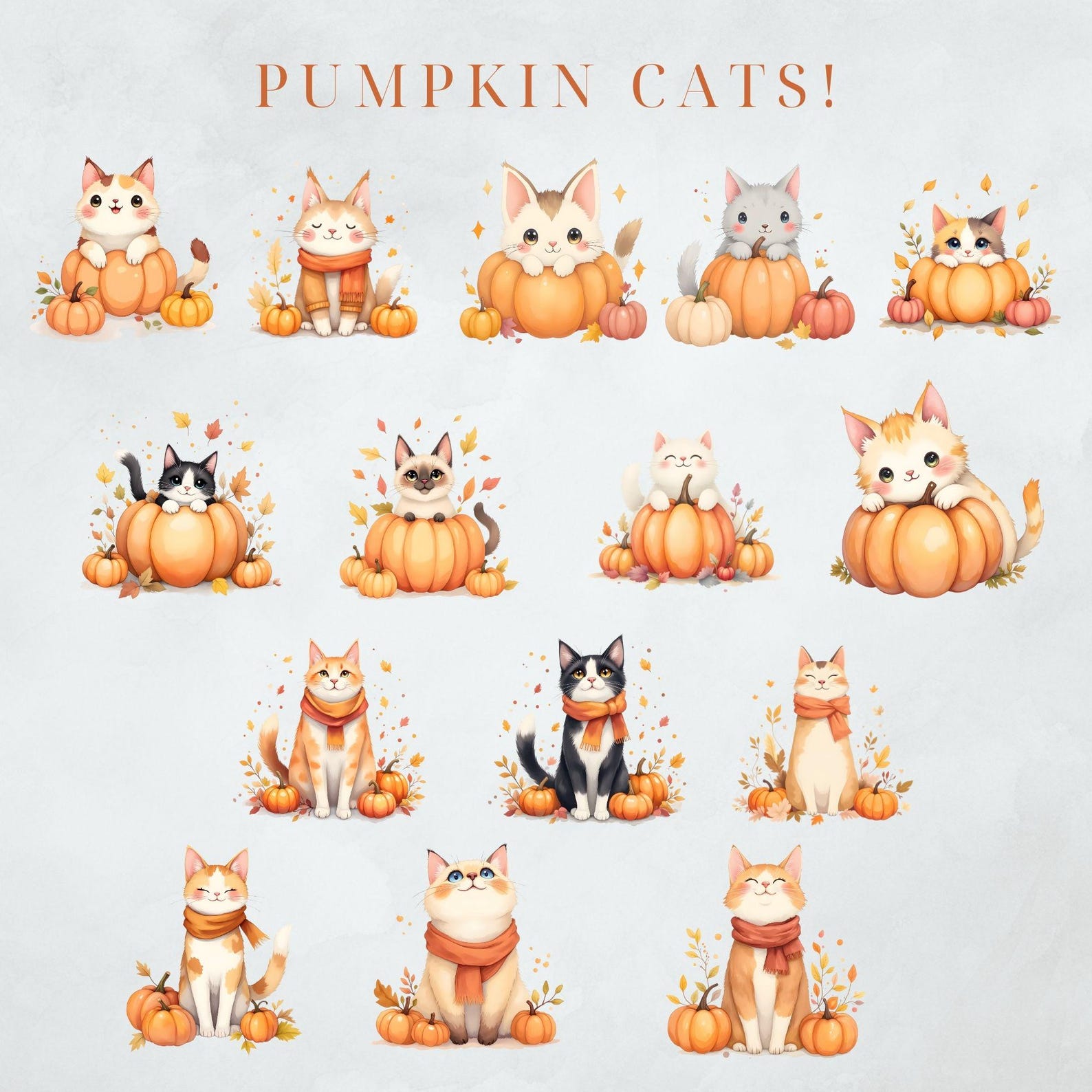 Pumpkin Cat Clipart Cozy Autumn Clipart Watercolor Kitten in Pumpkins ...