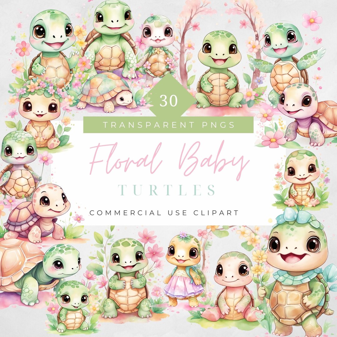 Pastel Baby Turtle With Flowers Clipart Baby Turtle Party Invitation ...
