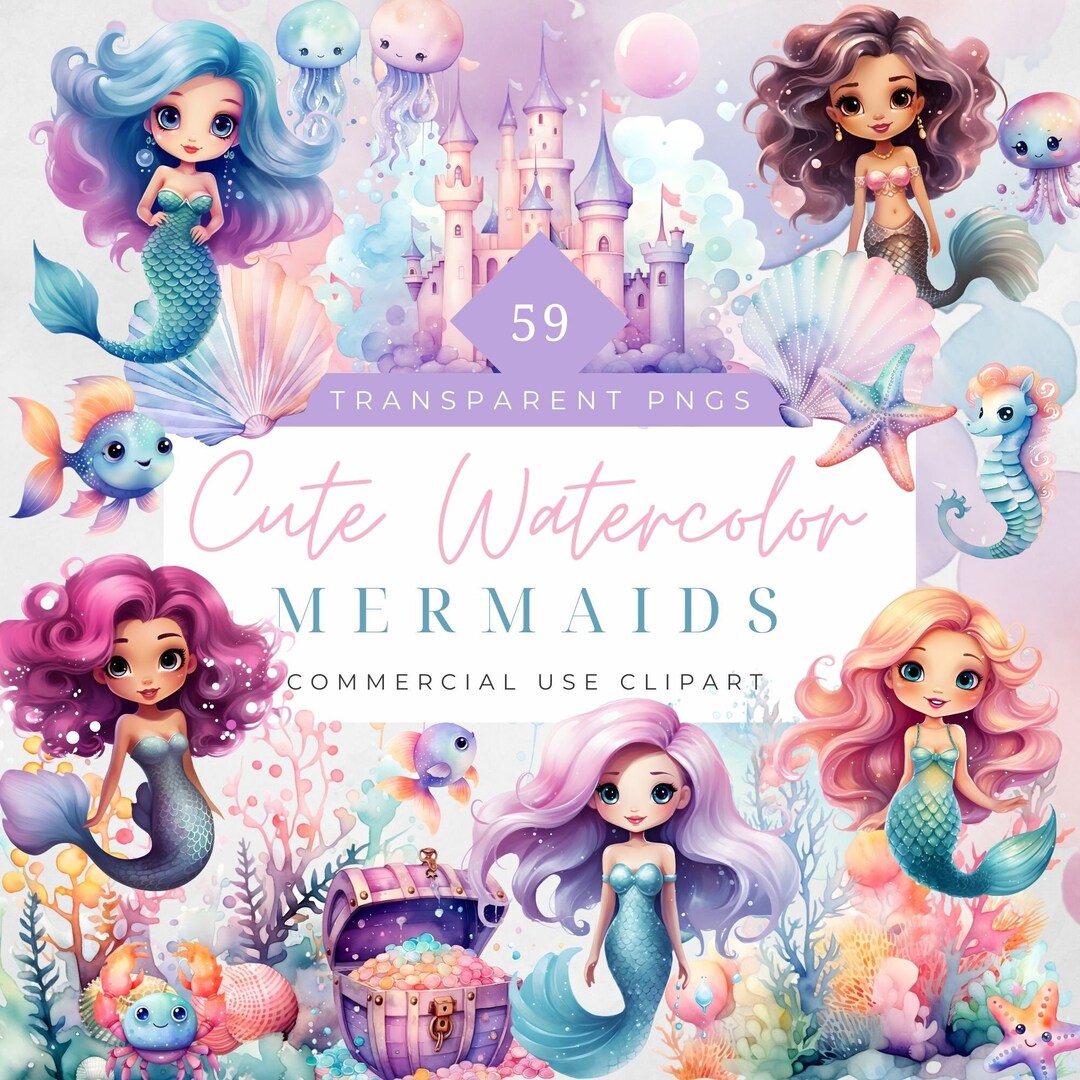 Watercolor Cute Mermaid PNG, Mermaid Clipart Bundle, Under the Sea, Sea ...