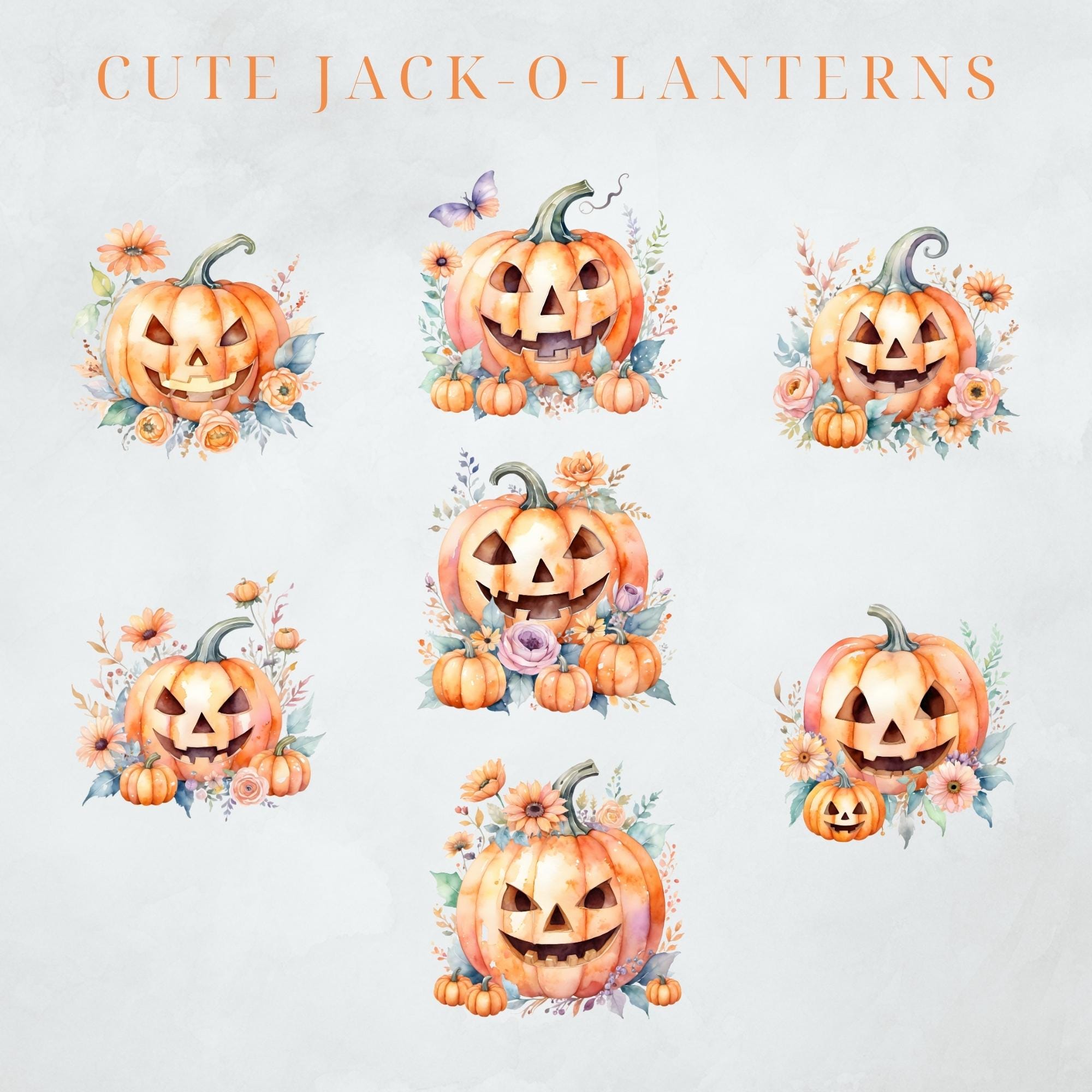Watercolor Pastel Jack-o-lantern PNG Watercolor Spooky Clipart Floral ...