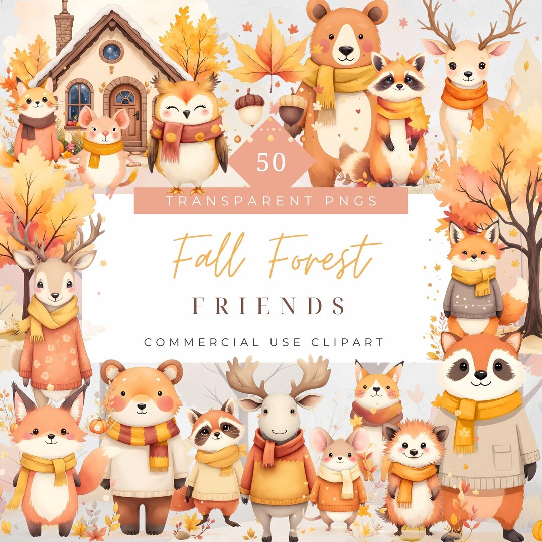 Cute Woodland Clipart Fall Forest Friends Bear Fox Deer Cut Autumn Png ...