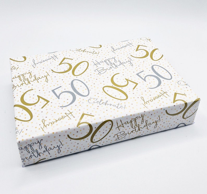 50th Birthday White Gold Silver Wrapping Paper Hooray Celebrate Age 50 ...