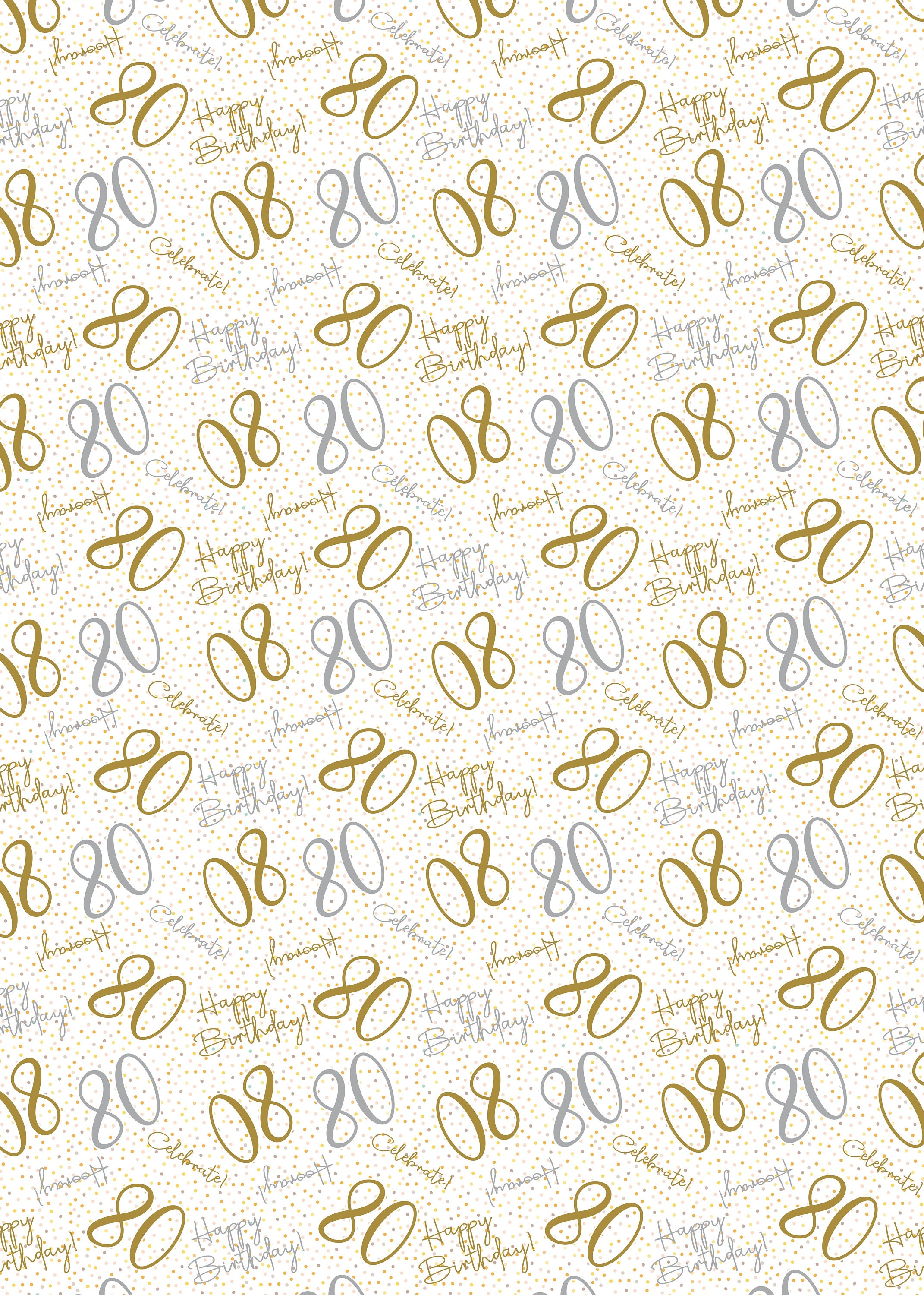 80th Birthday White Gold Silver Wrapping Paper Hooray Celebrate Age 80 ...