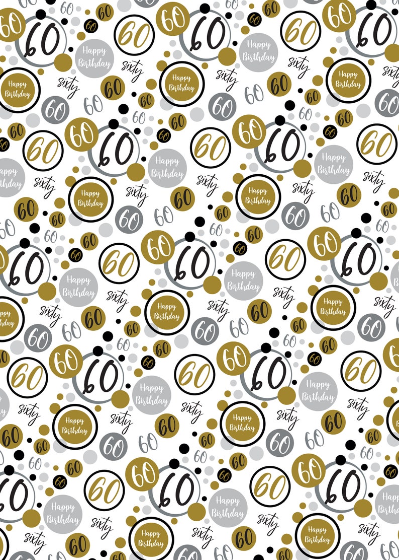 60th Birthday Wrapping Paper Age 60 Birthday Black Gold and Silver ...
