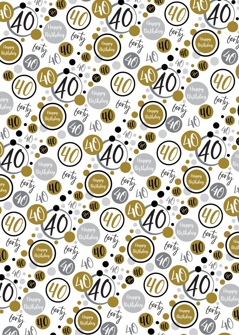 40th Birthday Wrapping Paper Age 40 Birthday Black Gold and Silver ...