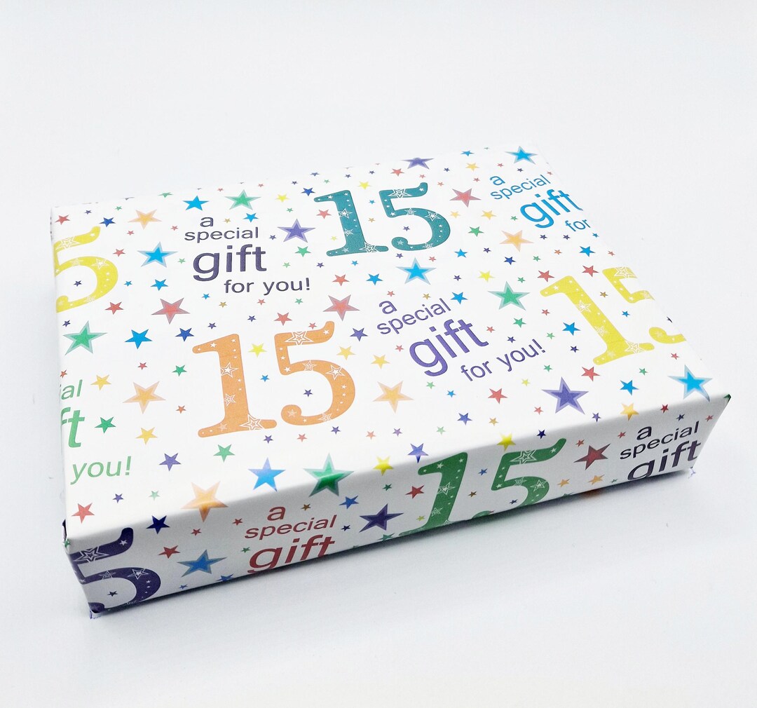 15th Birthday Colourful Wrapping Paper Multi Coloured Stars Age 15 Boy ...