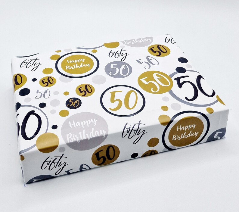 50th Birthday Wrapping Paper Age 50 Birthday Black Gold and Silver ...