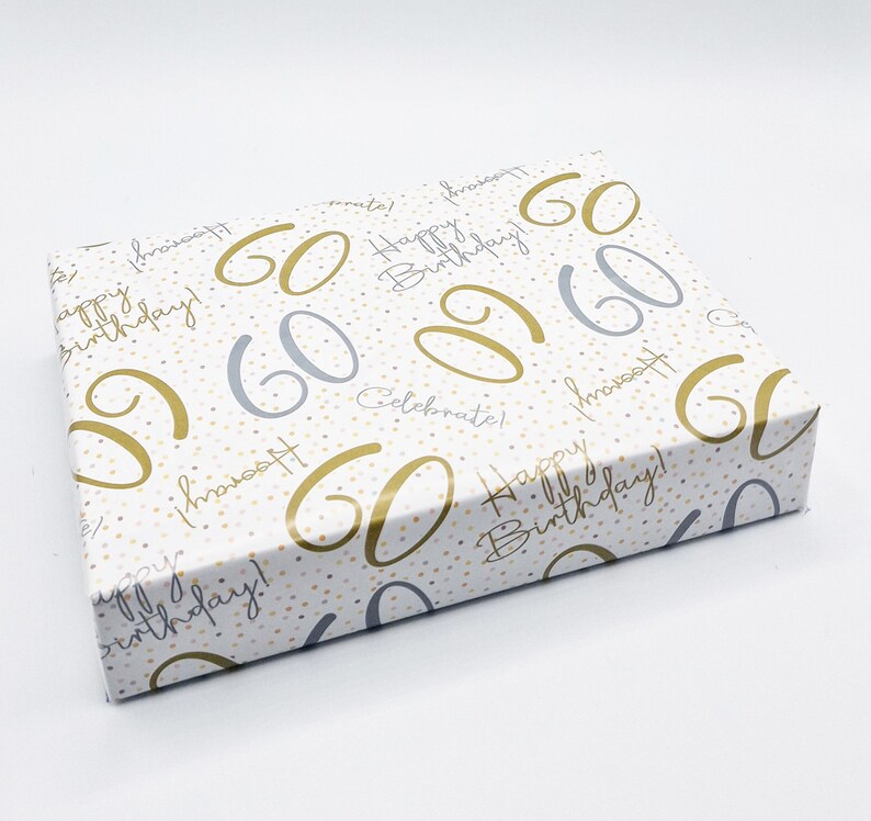 60th Birthday White Gold Silver Wrapping Paper Hooray Celebrate Age 60 ...
