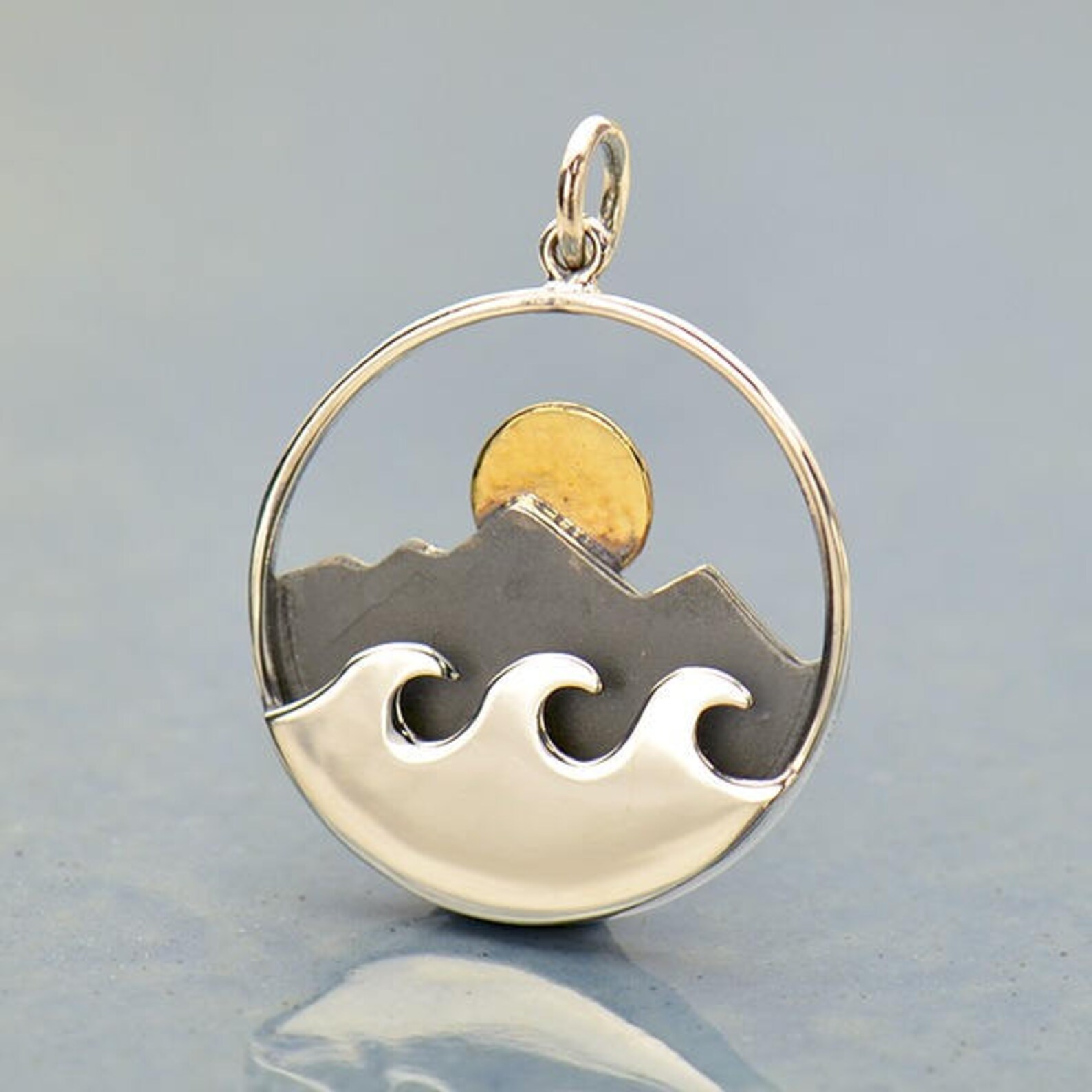 Mountain Range and Ocean Waves Pendant With Bronze Sun Womens | Etsy