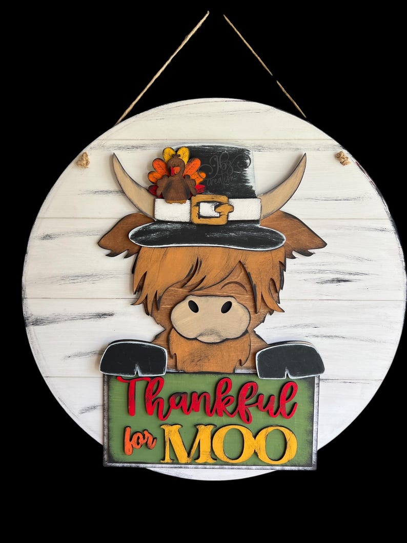 Thankful for Moo Highland Cow Thanksgiving Round Door Sign Highland Cow ...