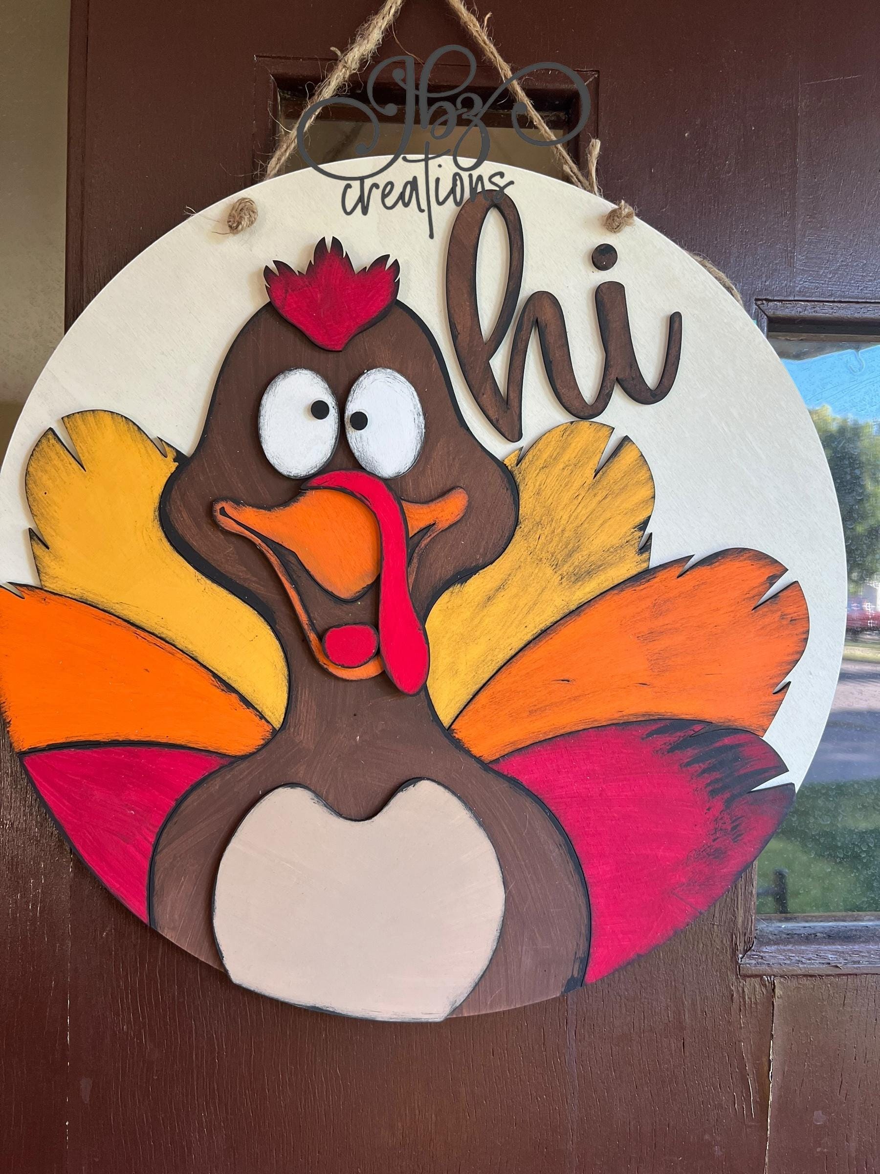 Hi! Goofy Turkey Thanksgiving Fall Round Door Hanger Welcome Sign ...