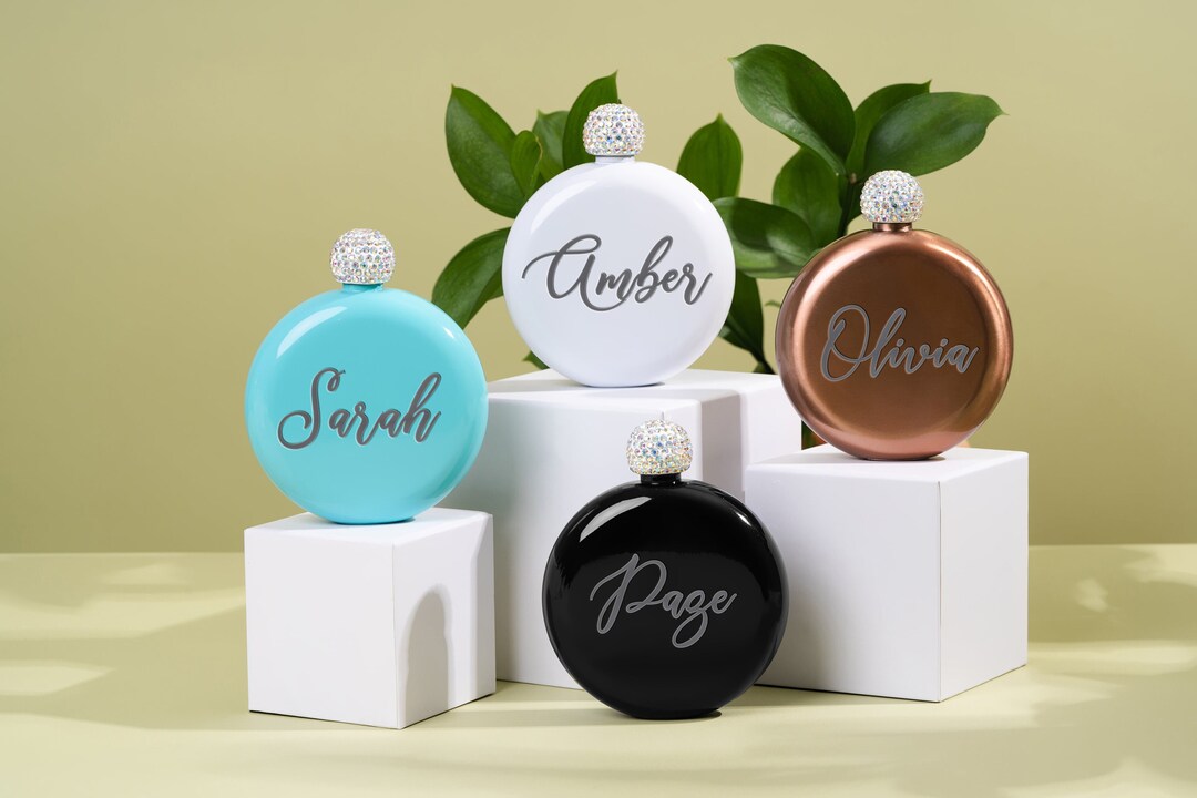 Personalized 5oz. Round Flask, Multiple Colors, Gift for Her, Glam ...