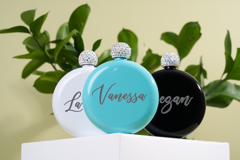 Personalized 5oz. Round Flask, Multiple Colors, Gift for Her, Glam ...