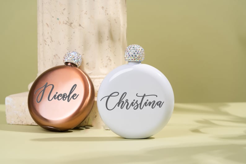 Personalized 5oz. Round Flask, Multiple Colors, Gift for Her, Glam ...