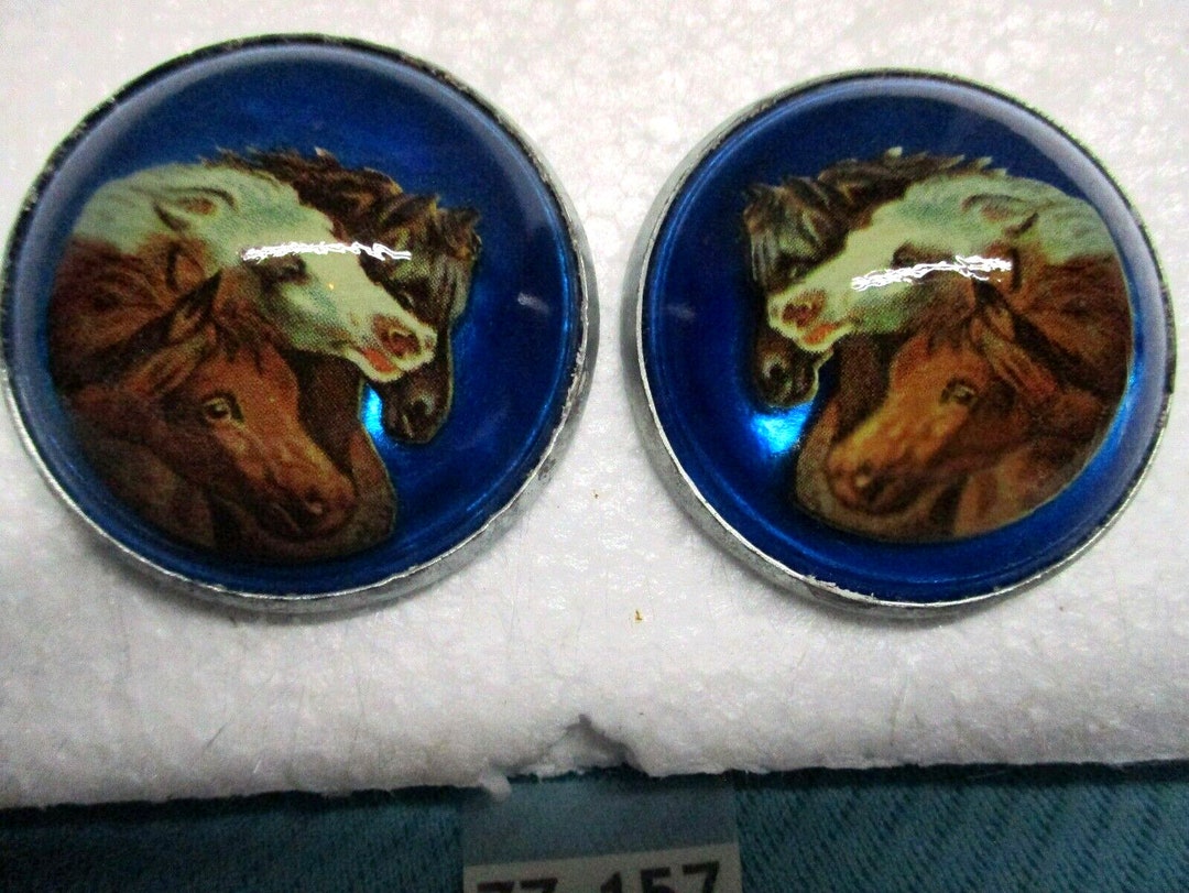 Fare ANTIQUE 3 HORSE HEADS Blue Bridle Rosettes H.A. Chapman Maker ...