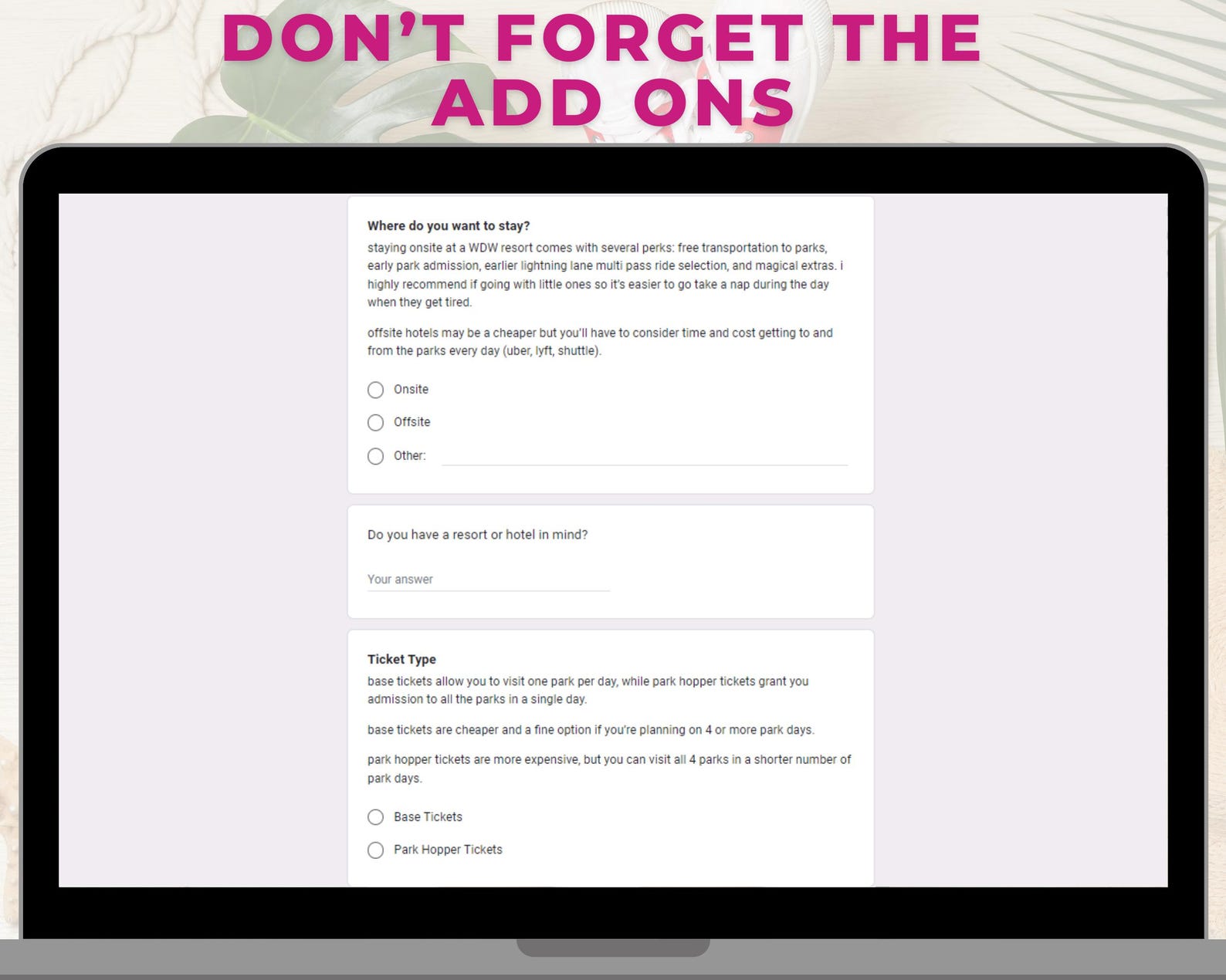Disney Planning Questionnaire Google Form Template for Travel Advisors ...