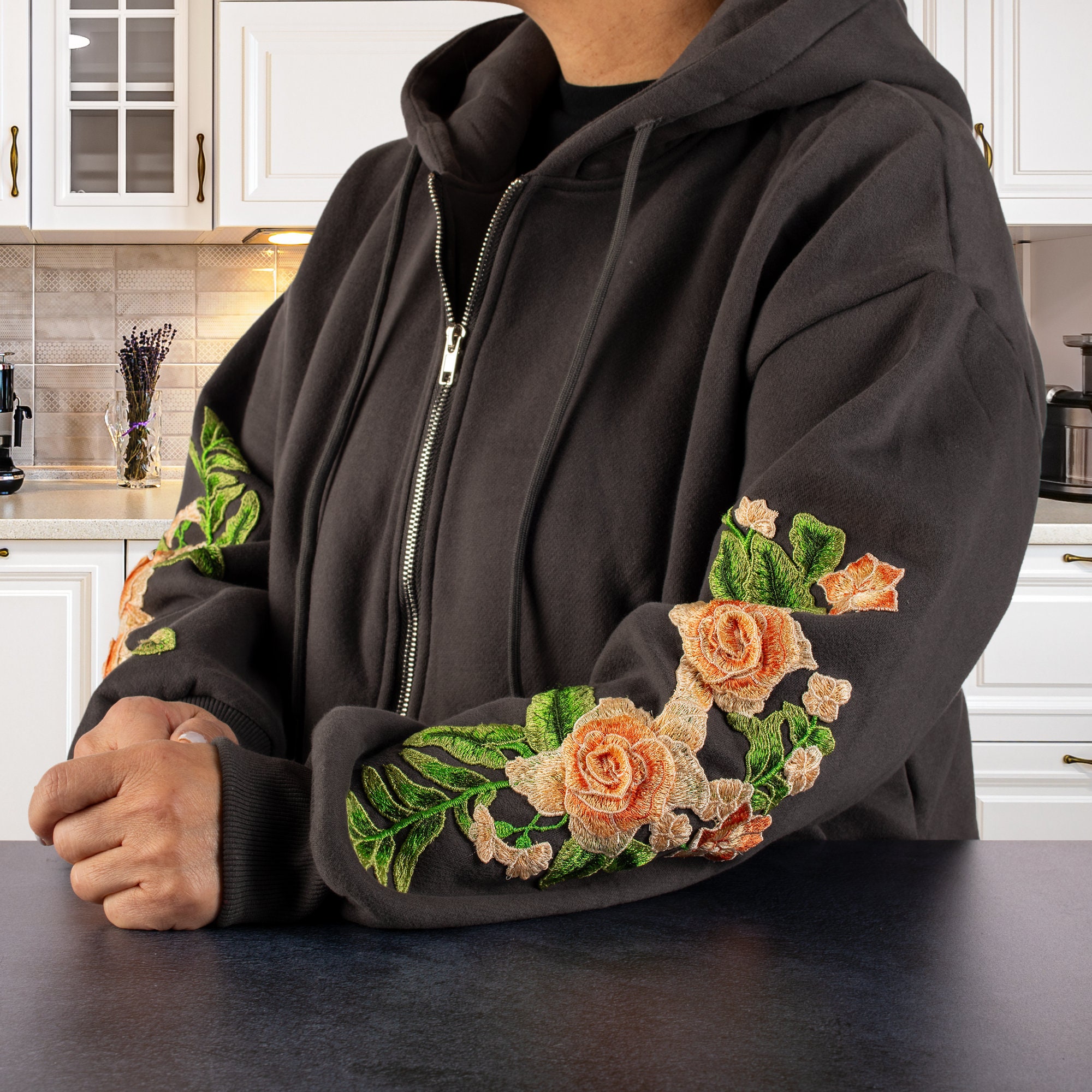 Pink Rose Themed Floral Appliqué Hand-sewn on a Charcoal Sweatshirt - Etsy