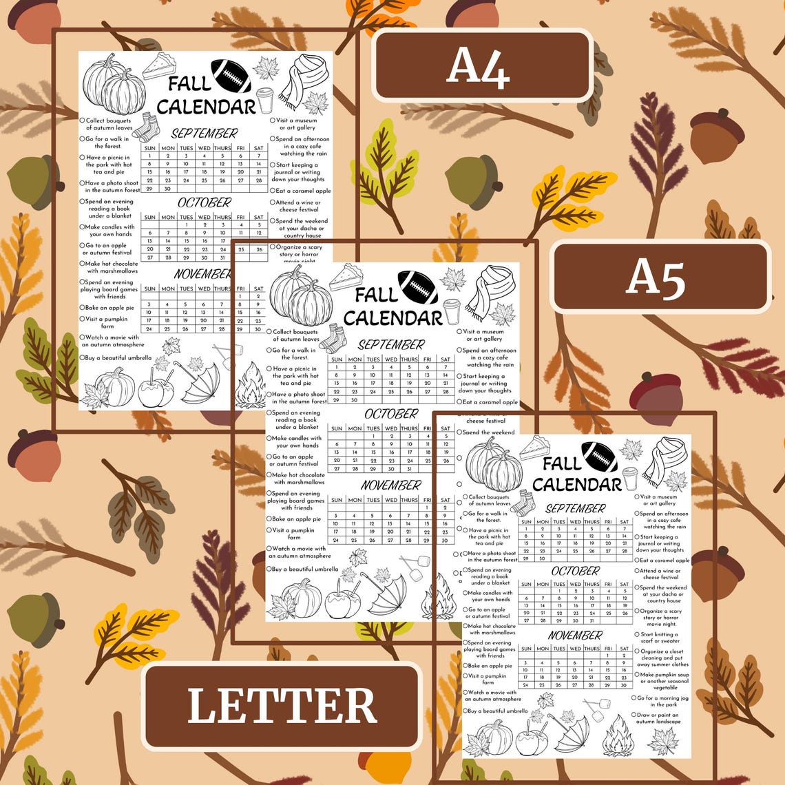 Printable Fall Calendar Poster, Autumn Calendar, Autumn Checklist ...