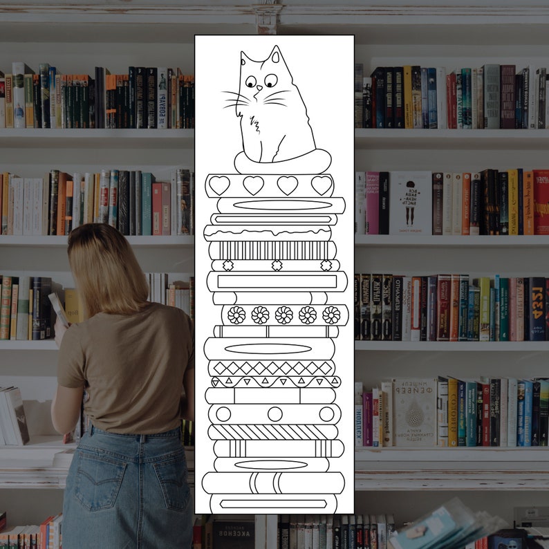 Bookmarks Bookshelf & Cat Printable Bookmarks 2x6 Perfect Gift for Book ...