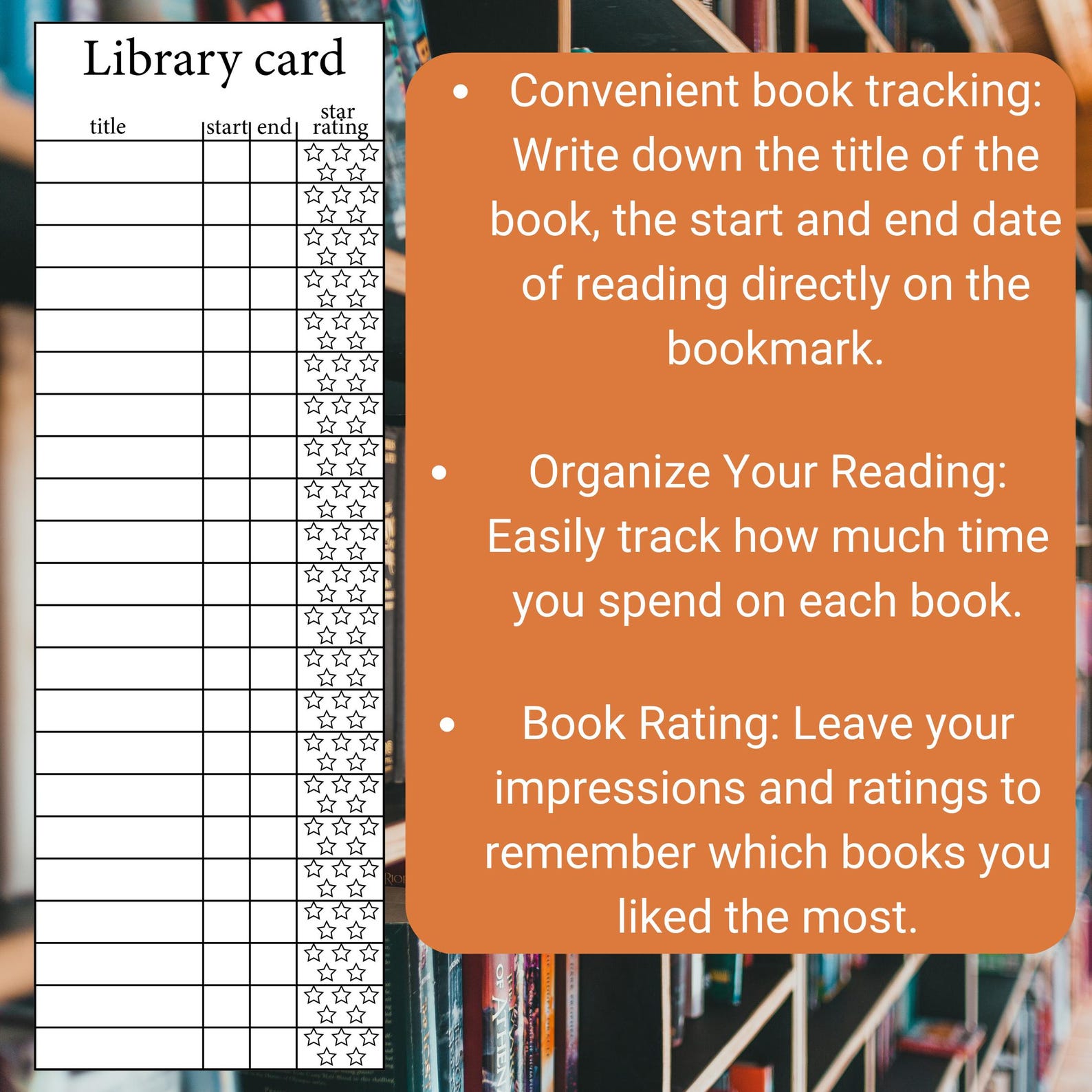 Printable Bookmark Reading Tracker & Library Card – Book Rating Chart ...
