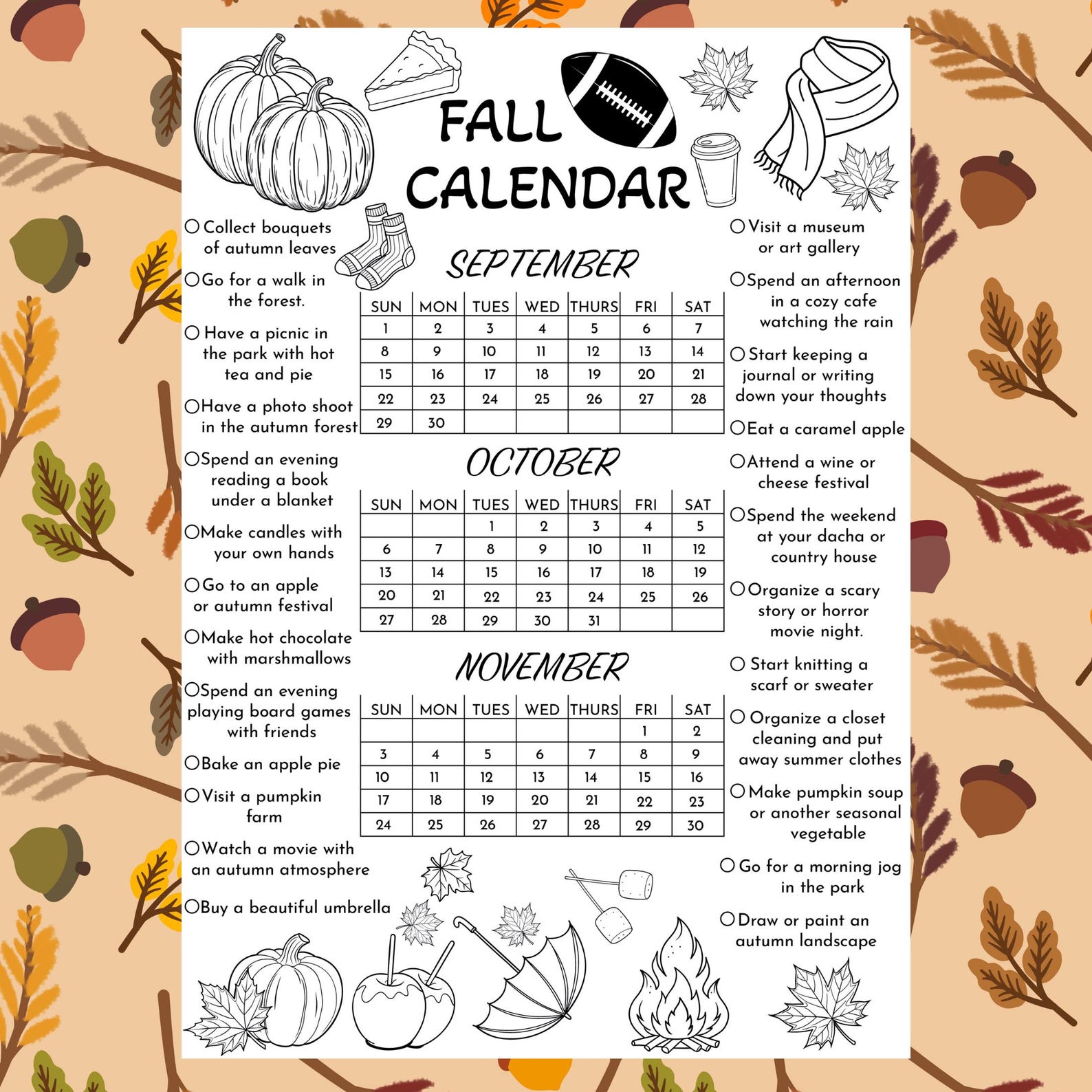 Printable Fall Calendar Poster, Autumn Calendar, Autumn Checklist ...