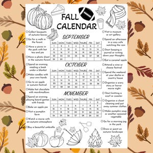 Printable Fall Calendar Poster, Autumn Calendar, Autumn Checklist ...