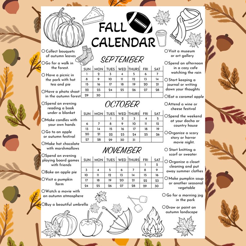 Printable Fall Calendar Poster, Autumn Calendar, Autumn Checklist ...