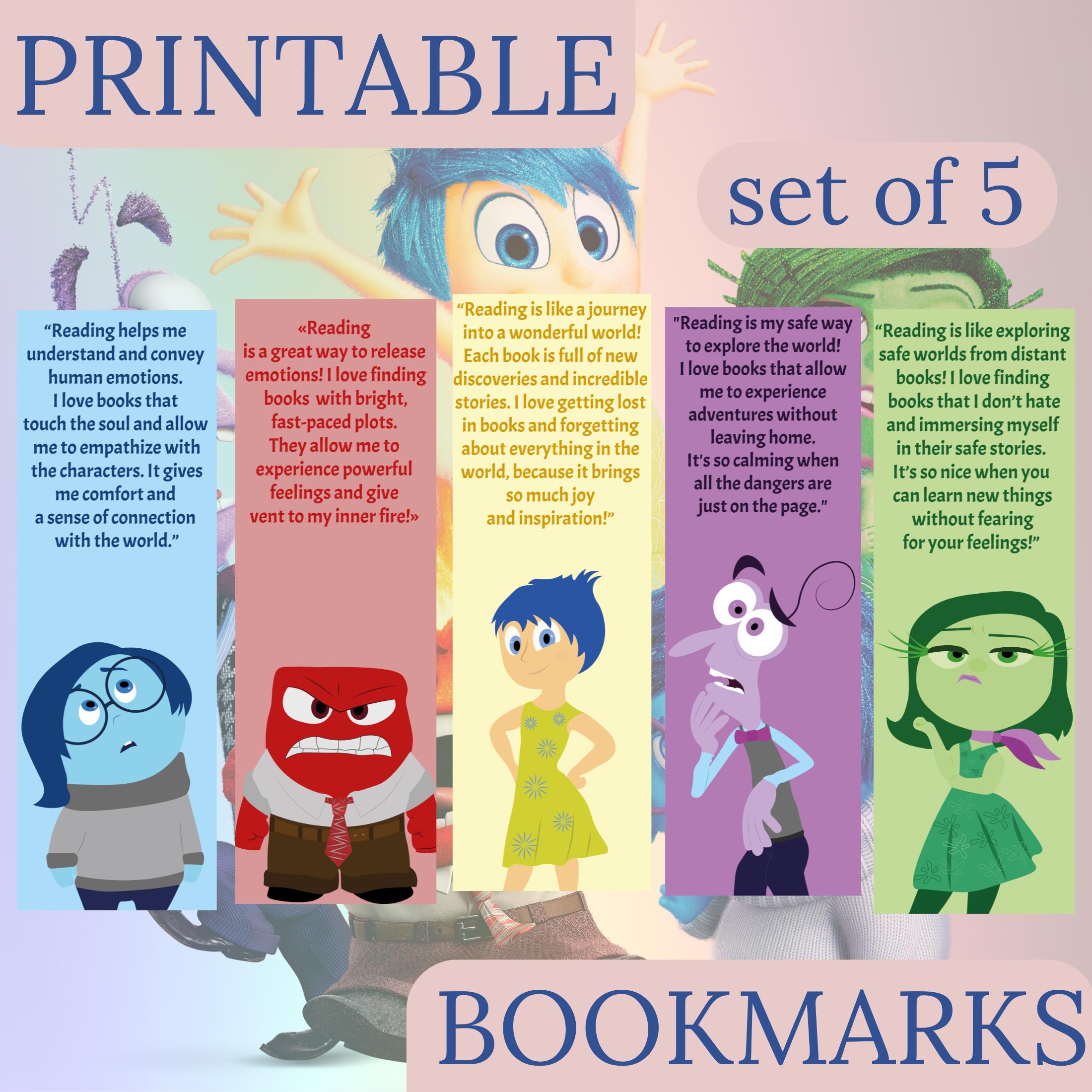 Inside Out Bookmark Set – Pixar Character Set – Joy Sadness Anger ...