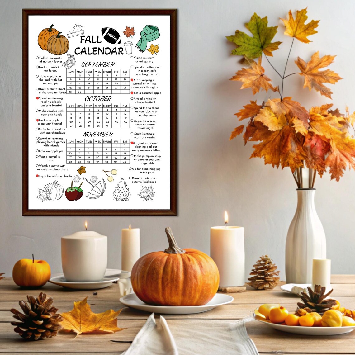 Printable Fall Calendar Poster, Autumn Calendar, Autumn Checklist ...