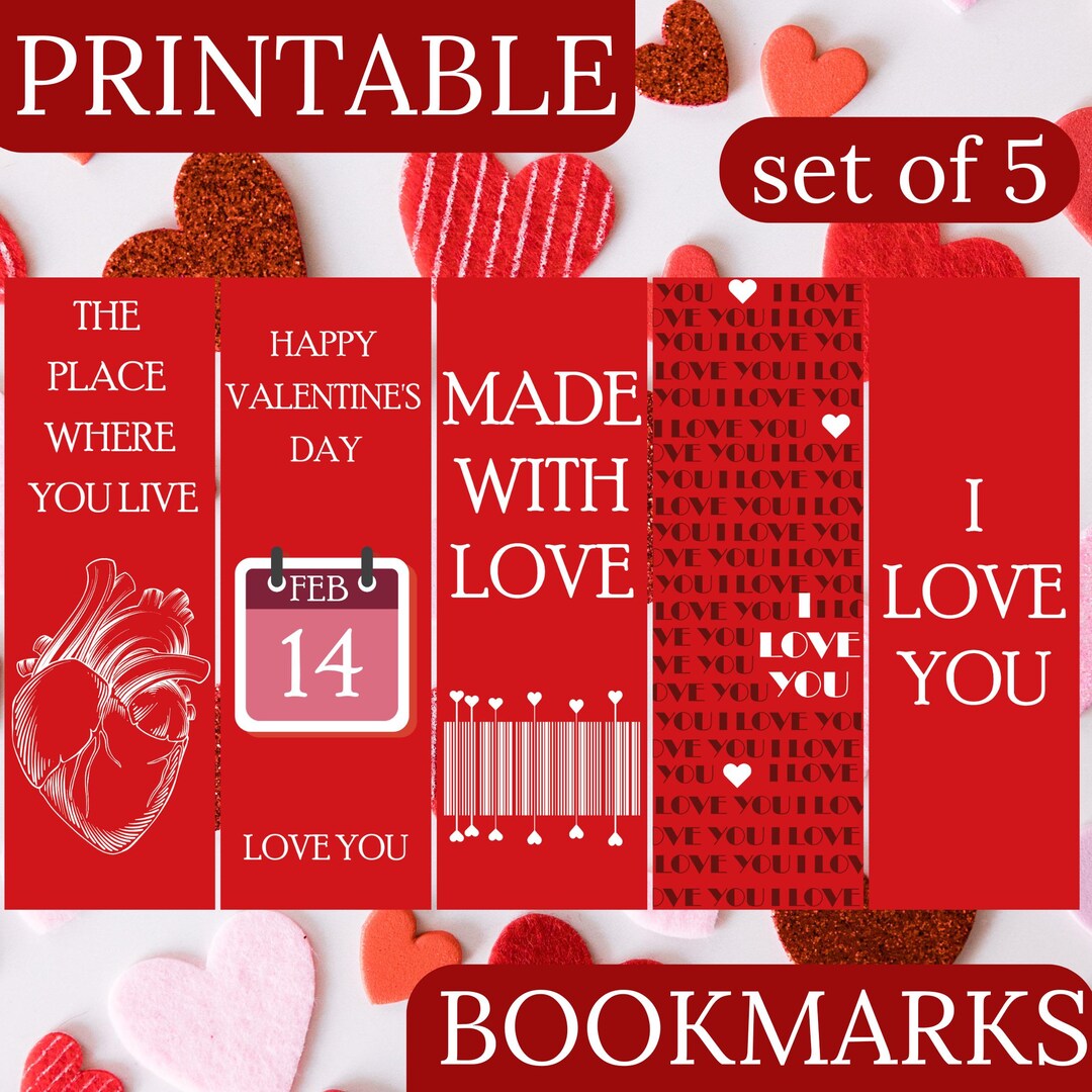 Valentine's Day Bookmarks Set Romantic Red Designs Printable Love ...