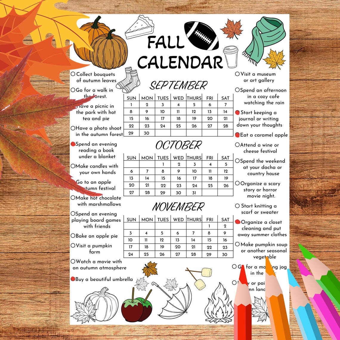 Printable Fall Calendar Poster, Autumn Calendar, Autumn Checklist ...