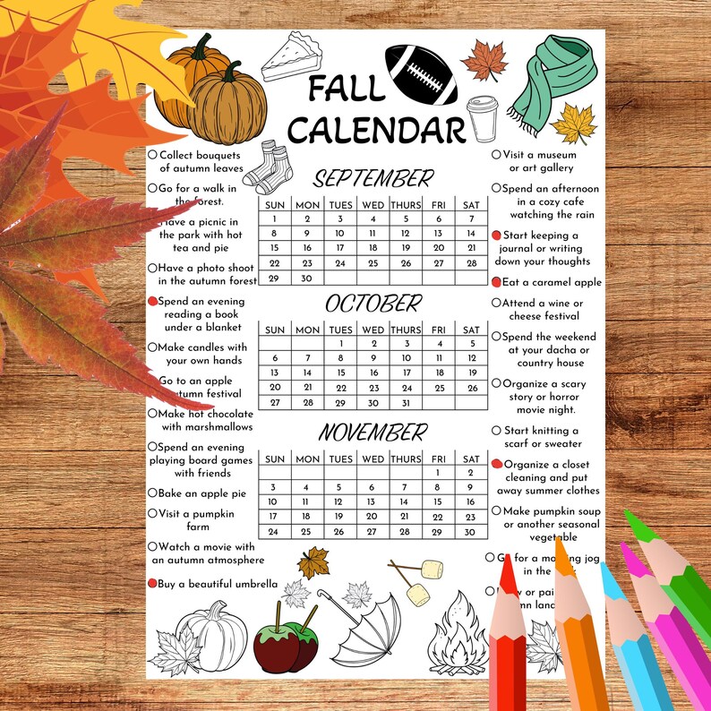 Printable Fall Calendar Poster, Autumn Calendar, Autumn Checklist ...