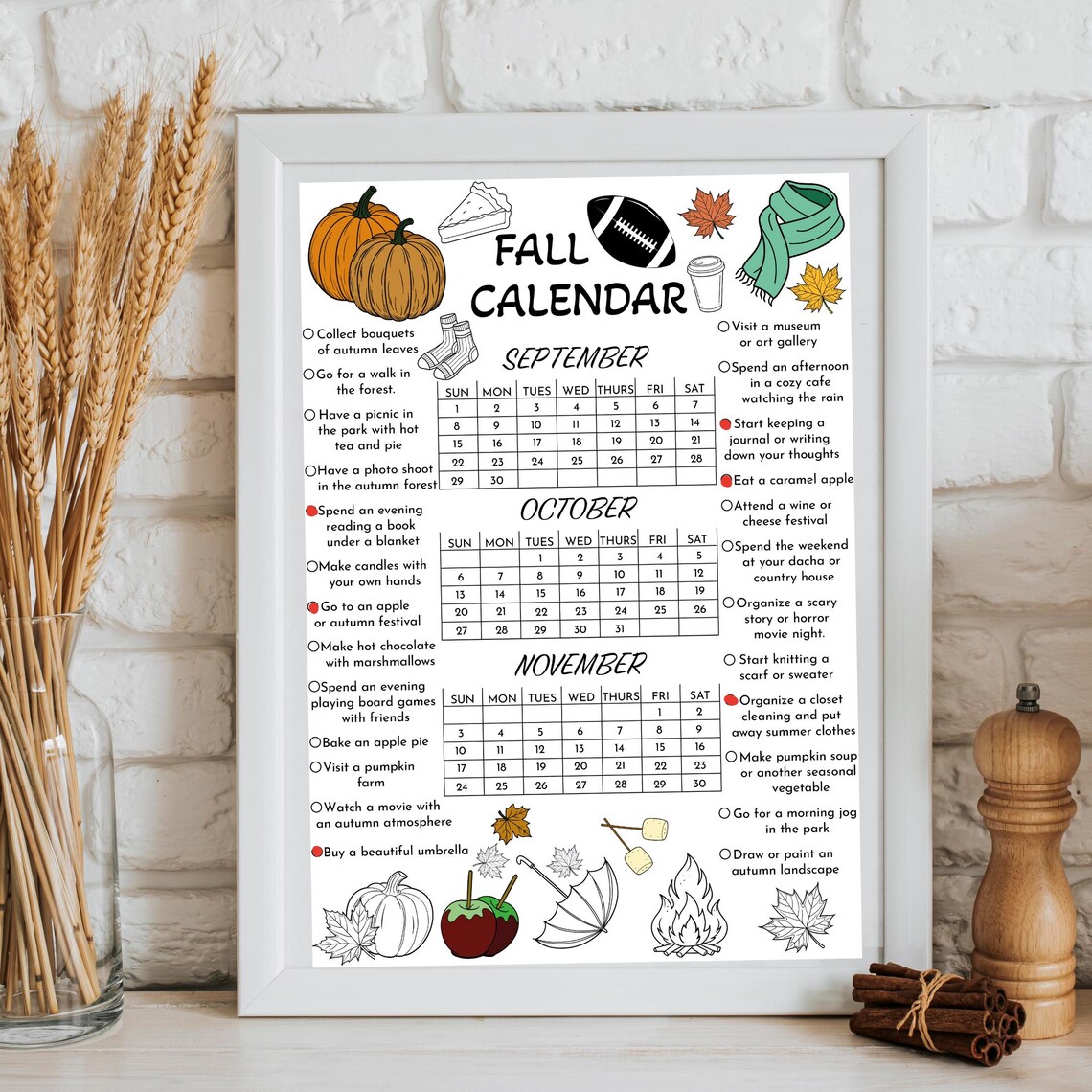 Printable Fall Calendar Poster, Autumn Calendar, Autumn Checklist ...