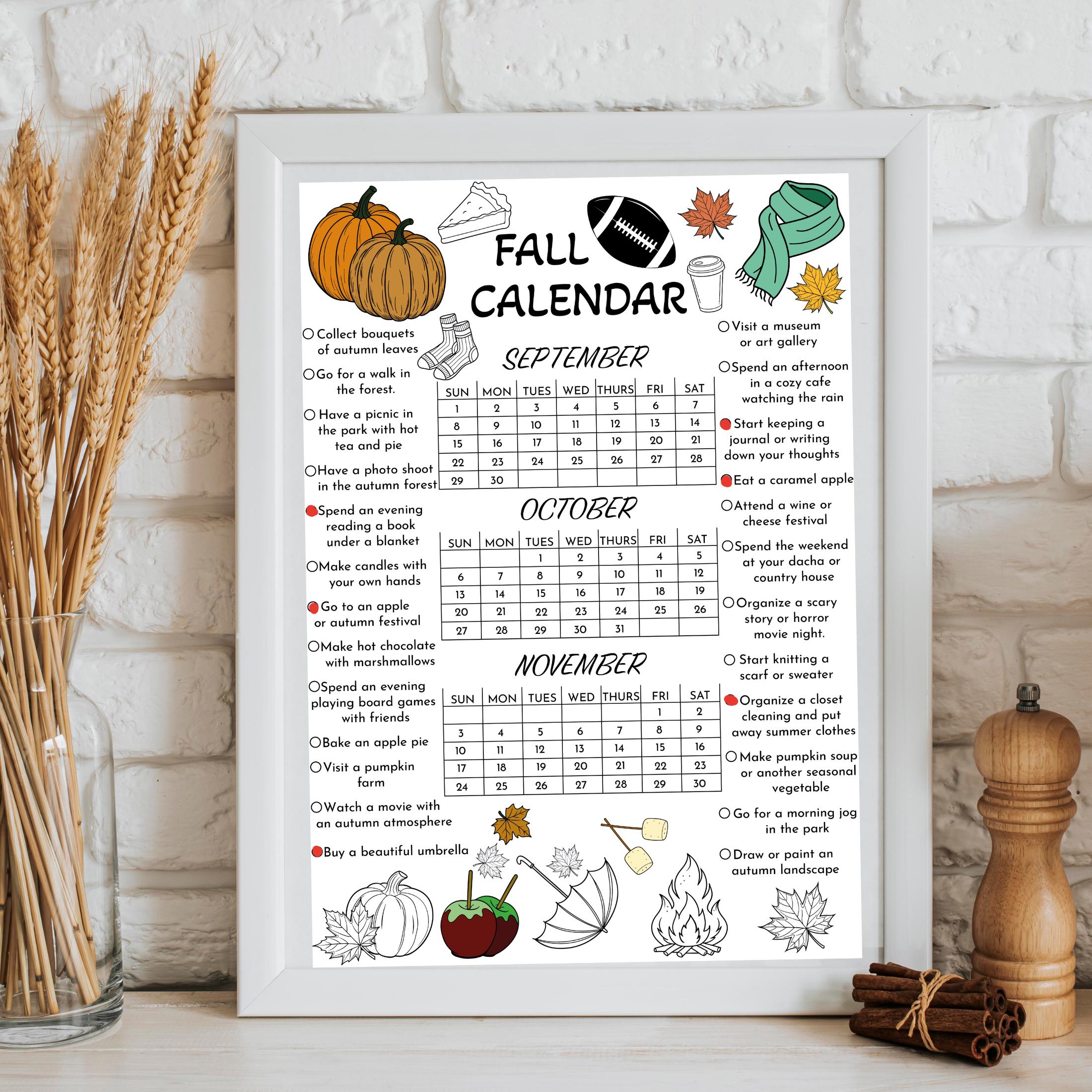 Printable Fall Calendar Poster, Autumn Calendar, Autumn Checklist ...
