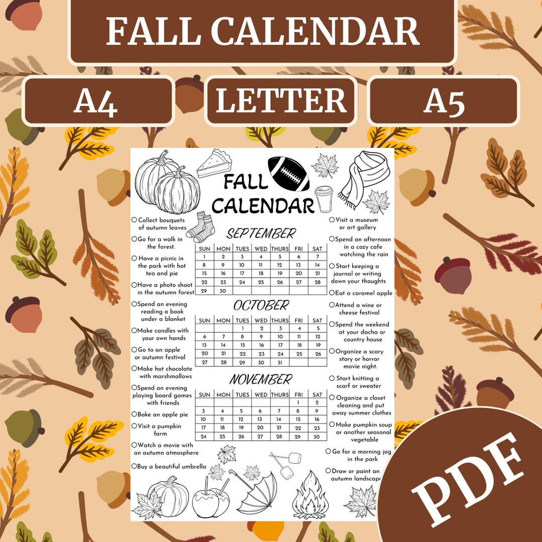 Printable Fall Calendar Poster, Autumn Calendar, Autumn Checklist ...