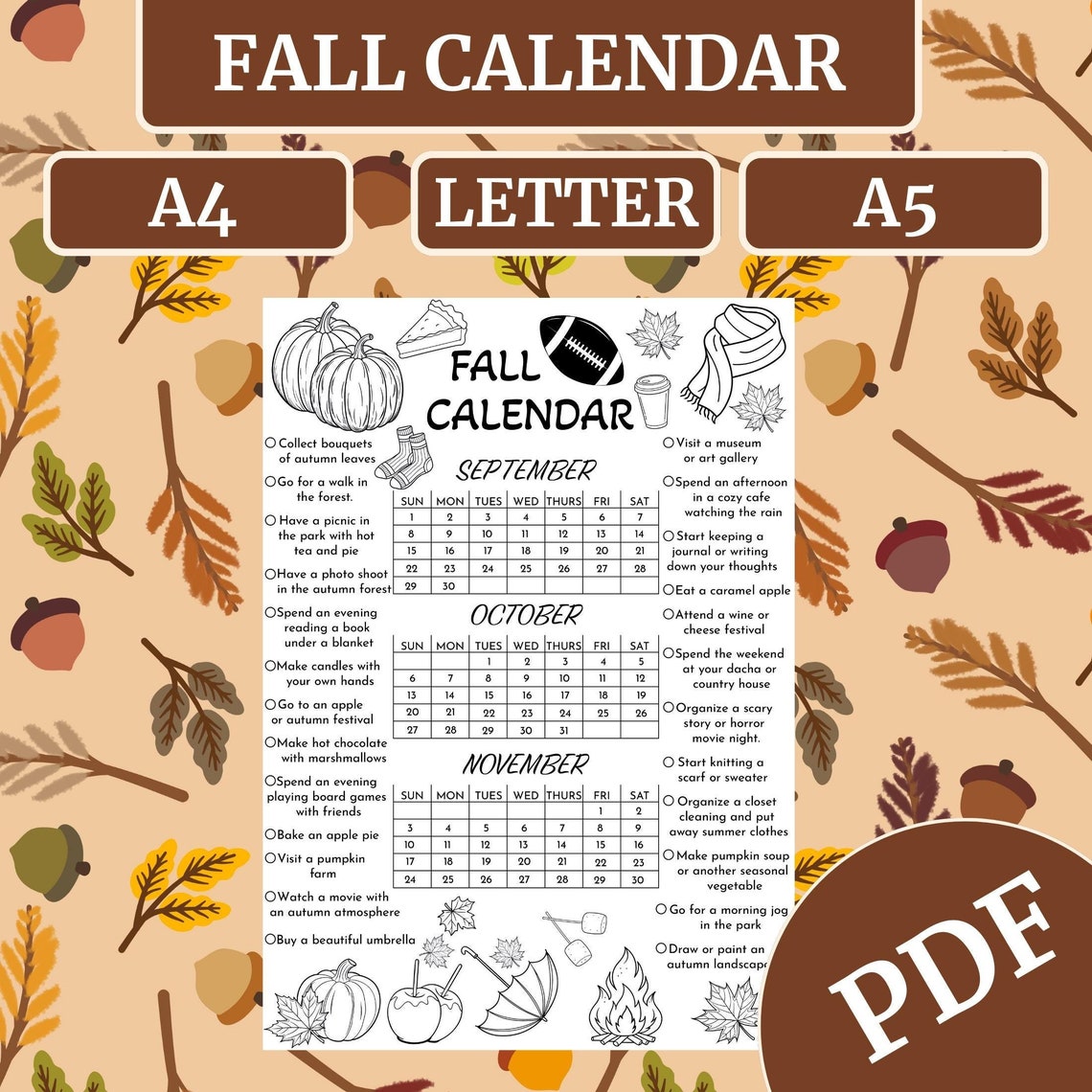 Printable Fall Calendar Poster, Autumn Calendar, Autumn Checklist ...