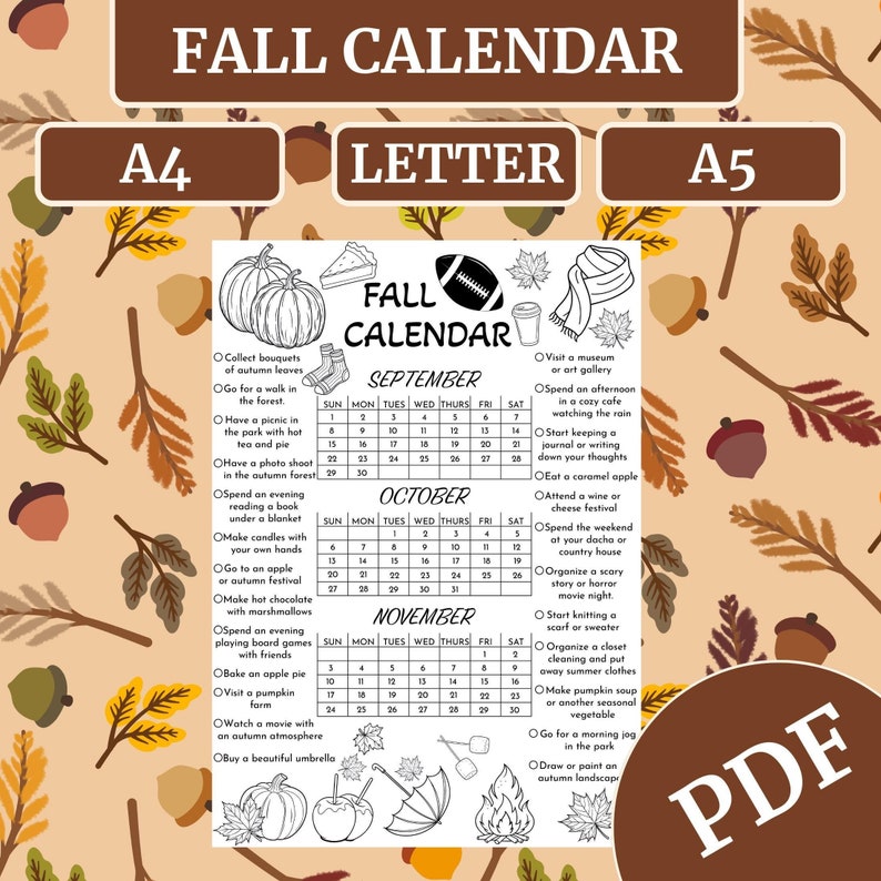 Printable Fall Calendar Poster, Autumn Calendar, Autumn Checklist ...