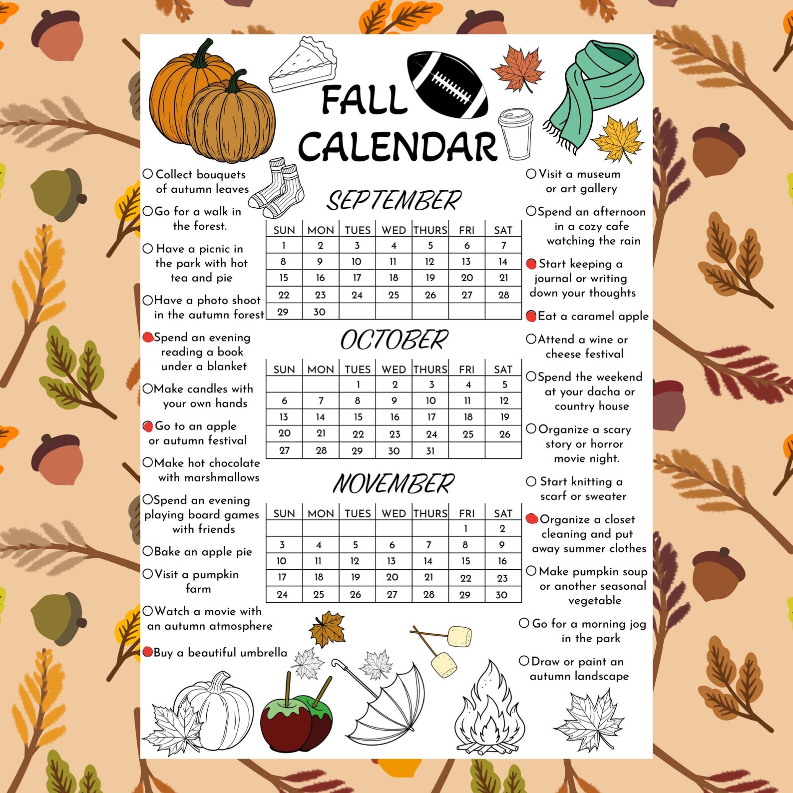 Printable Fall Calendar Poster, Autumn Calendar, Autumn Checklist ...