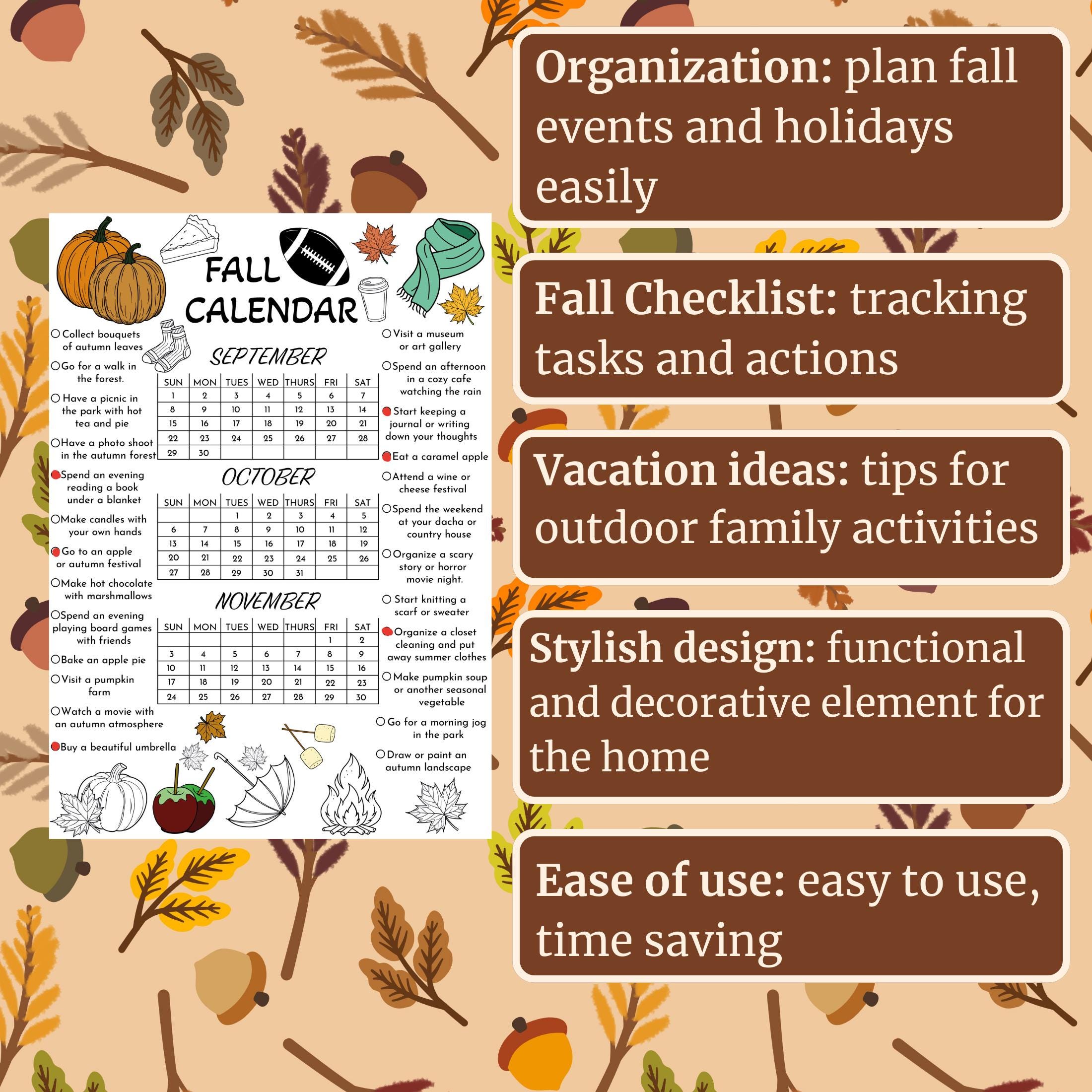 Printable Fall Calendar Poster, Autumn Calendar, Autumn Checklist ...
