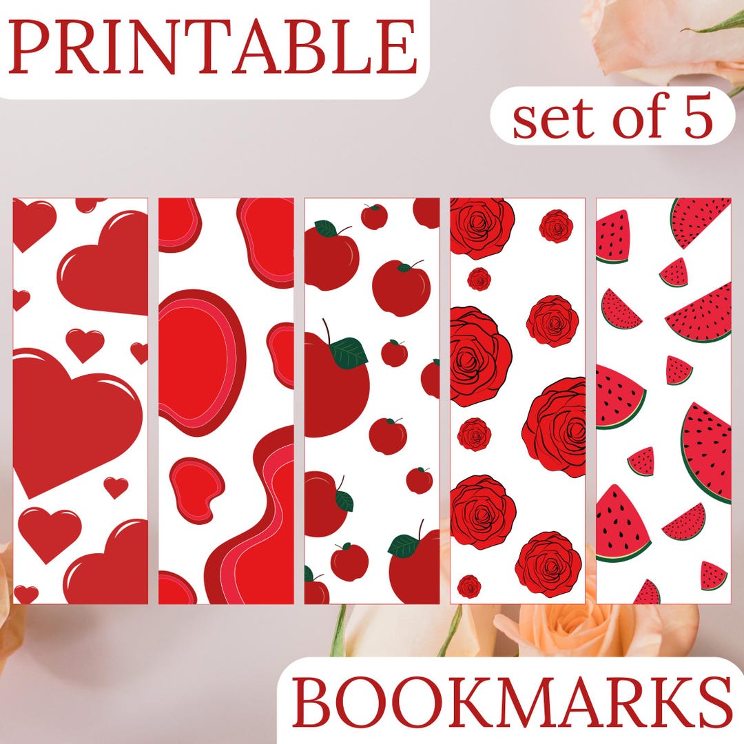 Set of 5 Printable Bookmarks With Red Theme Roses, Heart, Apples ...