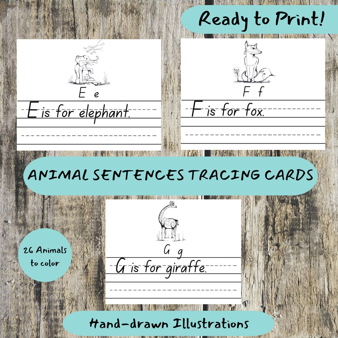 ANIMAL SENTENCES TRACING and Coloring Cards Hand-drawn Illustrations ...