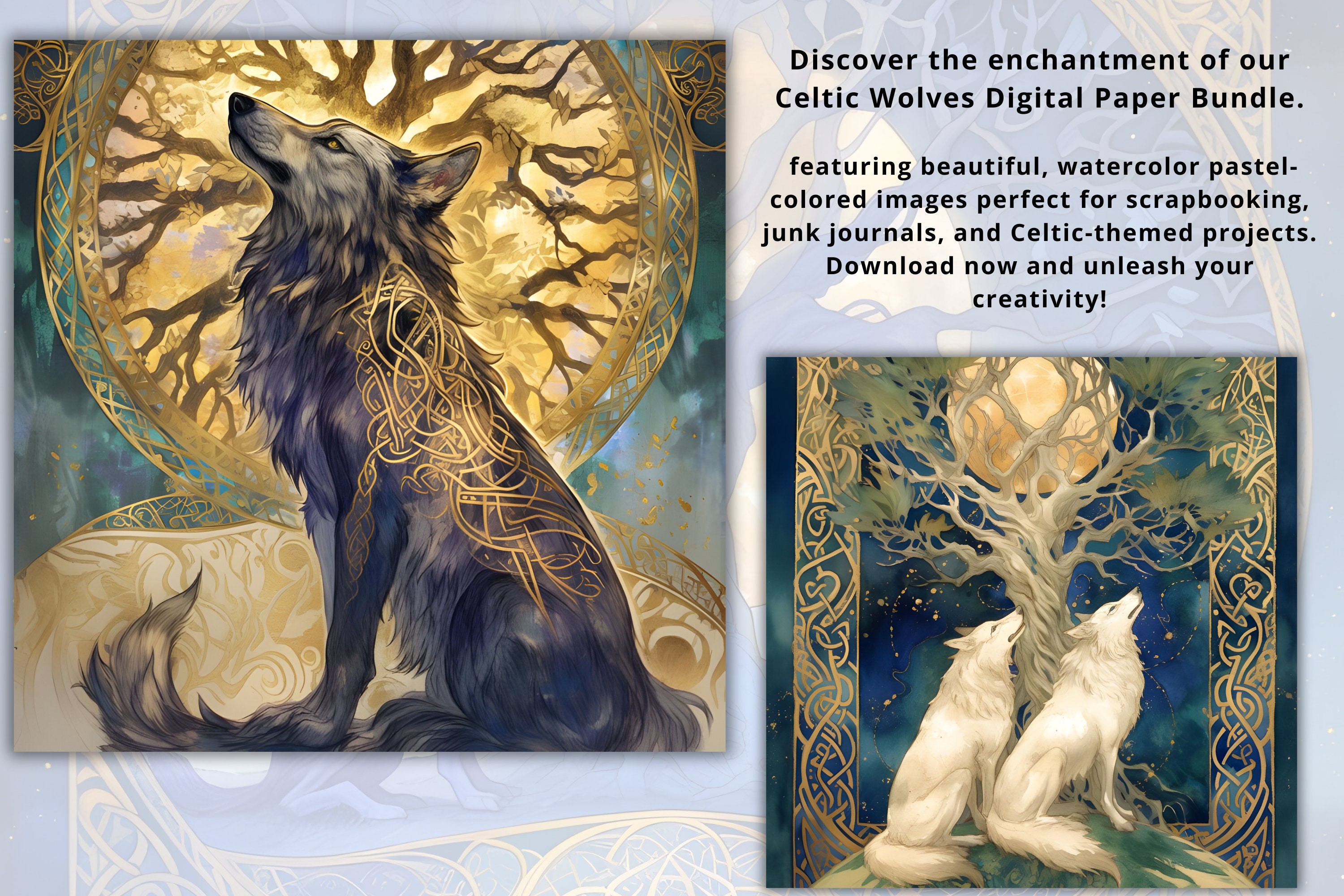 Mystic Wolves Digital Papers Celtic Wolf Printable Paper Bundle Wolf ...